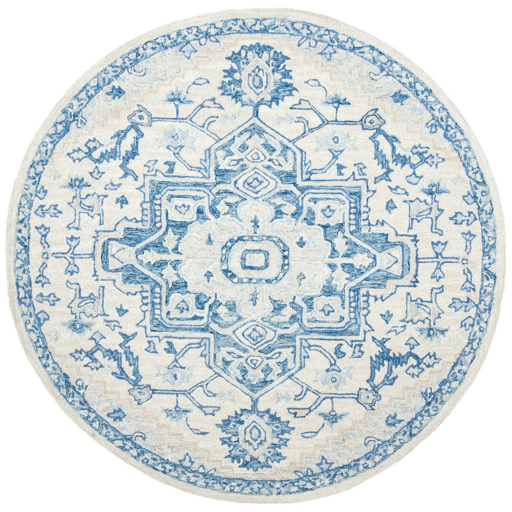 SAFAVIEH Micro-Loop Ivory/Blue 7 ft. x 7 ft. Floral Medallion Round ...