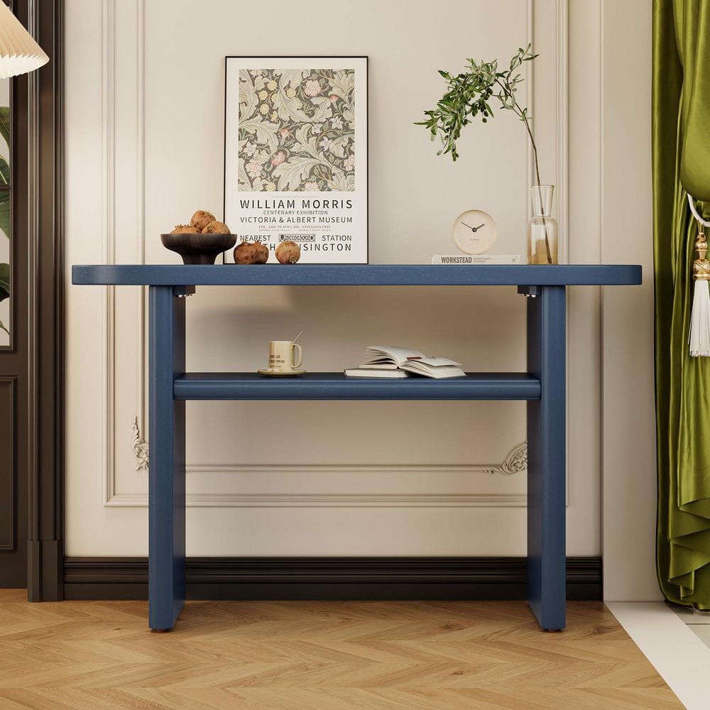 JUJABU 47.8 in. Navy Round Wood Console Table with Sturdy Shelf Design ...