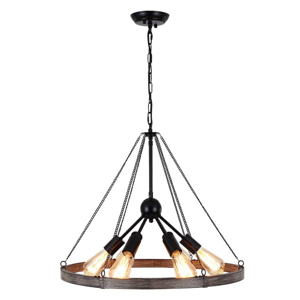 ADSENSTY 6-Light Black and Imitation Wood Grain Transitional Chandelier ...