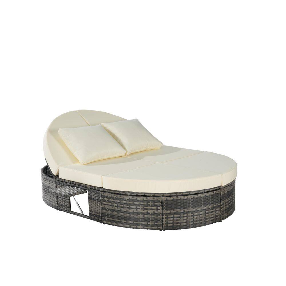 Sudzendf Wicker Outdoor Round Day Bed with Beige Cushions and Pillows ...