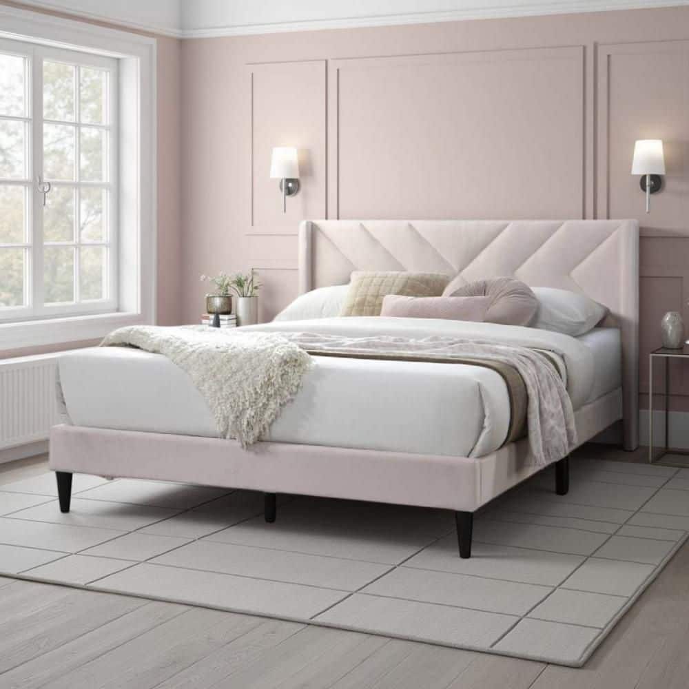 Benjara Reno Light Pink and Black Wood Frame Queen Size Panel Bed with ...