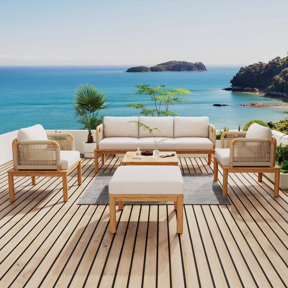 5-Piece Rope Patio Conversation Set with Beige Cushions, Acacia Wood ...