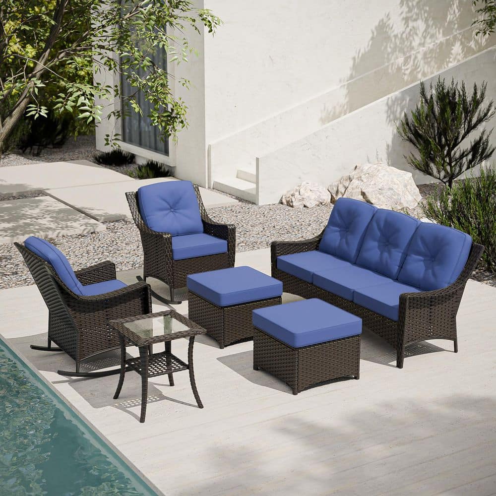 COOS BAY Brown 6-Piece Wicker Patio Conversation Set with Rocking Chairs, Outdoor Sofa Seating ...
