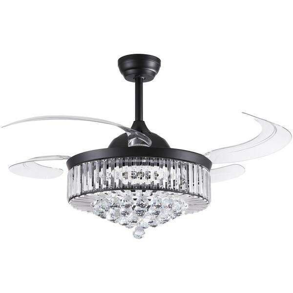 WDETR 48 in. Indoor Modern Black Smart Retractable Crystal Ceiling Fan ...
