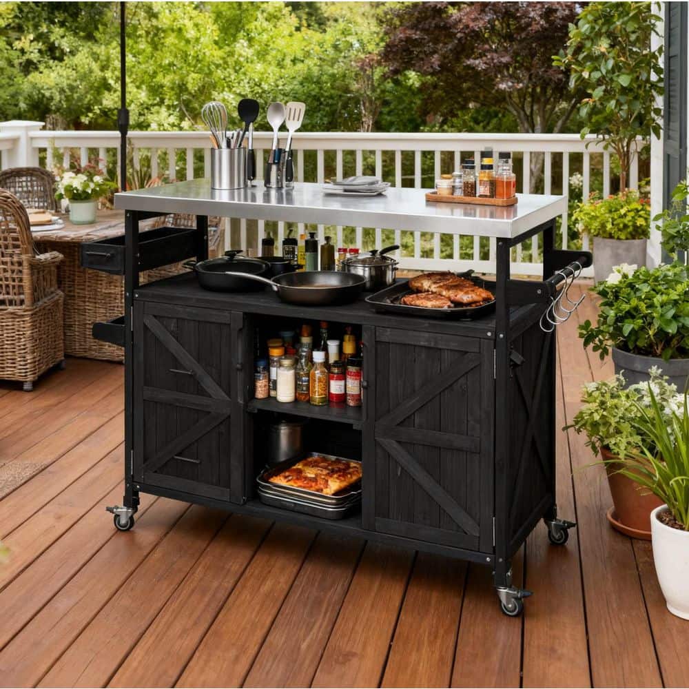 Black Wood Outdoor Bar Cart with Storage Cabinet and Locking Wheels ...