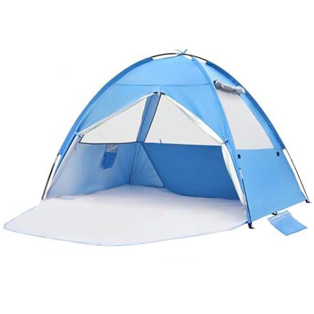 Phewnyzo 8 ft. x 7 ft. Blue Beach Tent Sun Shelter for 3-4 Person - UPF ...