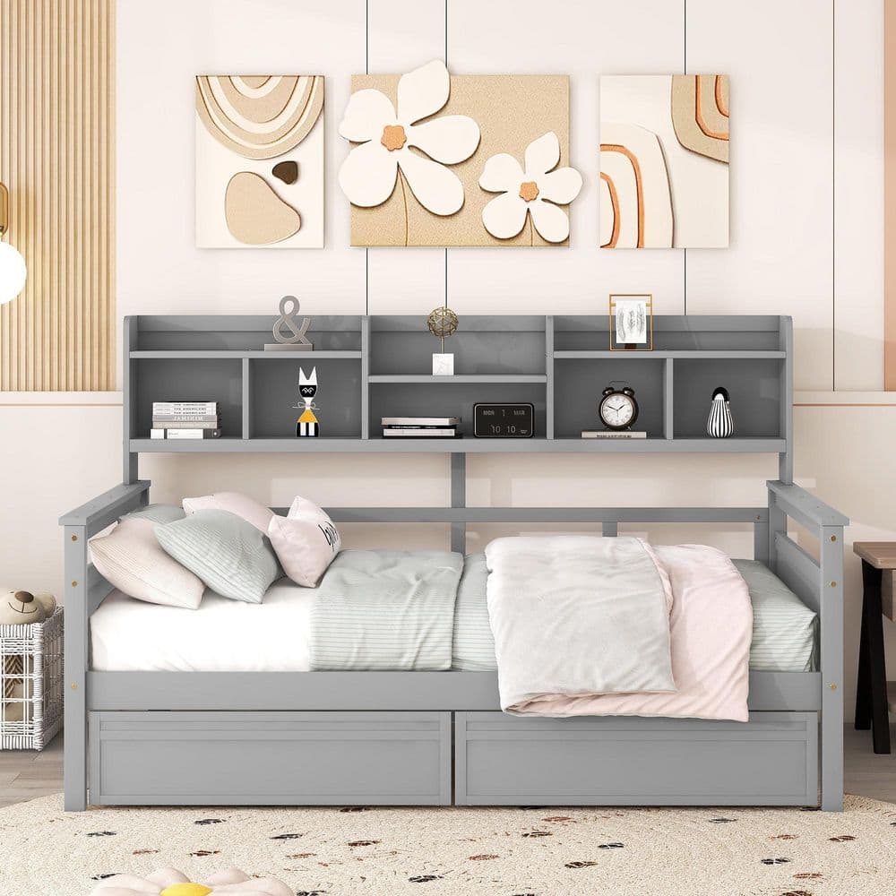 Noble House Davida Davida Gray Wood Frame Full Size Daybed with Shelves ...