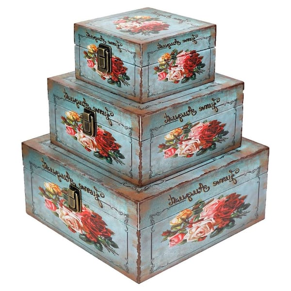 Blue 10.2 in. x 4.7 in. Wood Decorative Boxes Set of 3 with Lid ...