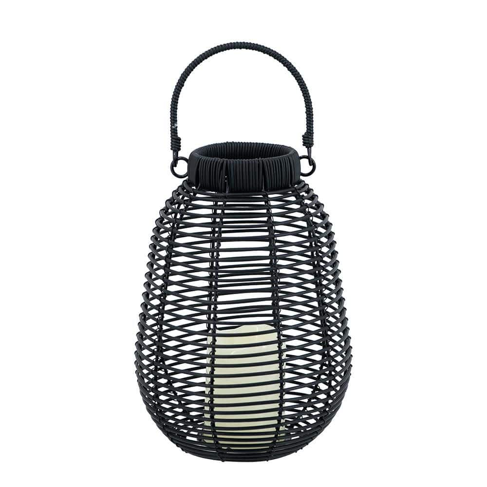 Classic 11 in. x 8 in. Blackn Round Rattan Lantern with LED Candle and ...