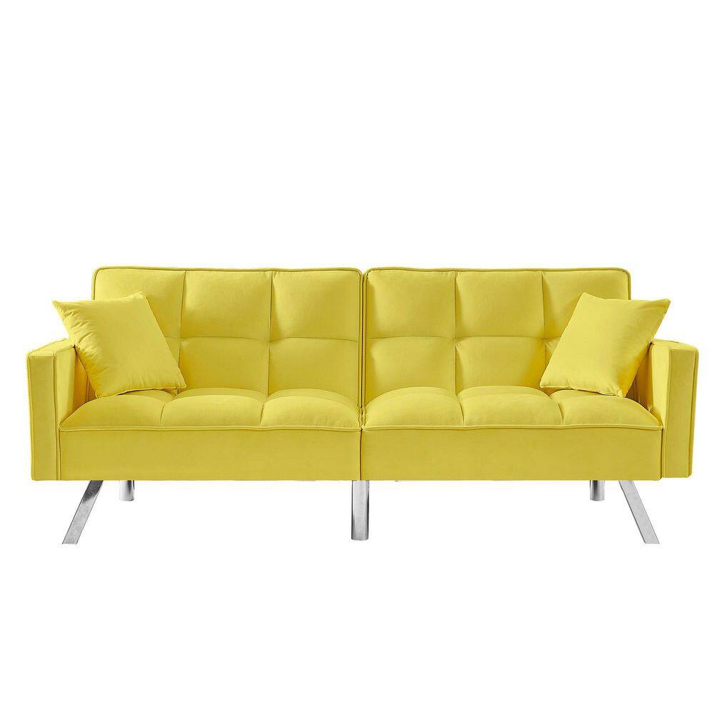 Uixe 74.4 in. Width Modern Yellow Velvet Upholstered Convertible ...