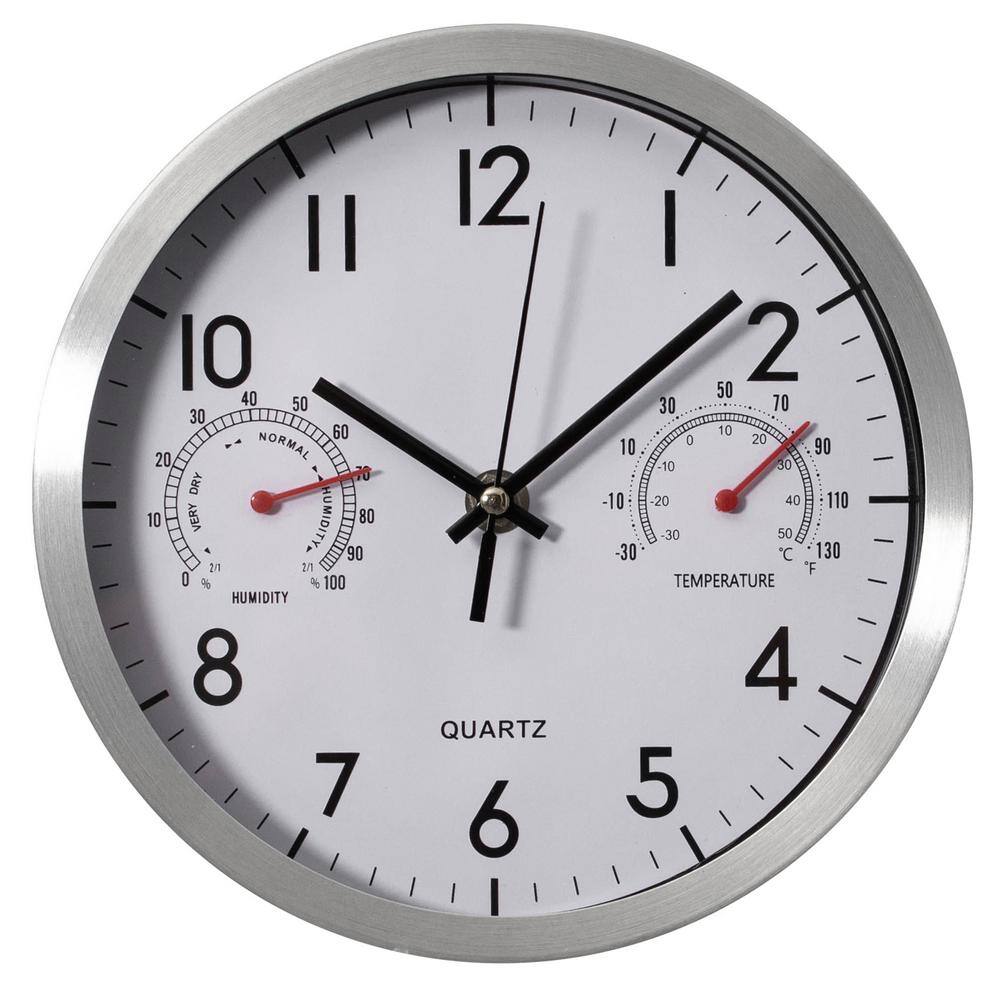 CLOCKSWISE 8 in. Non-Ticking Silver Wall Clock with Thermometer ...