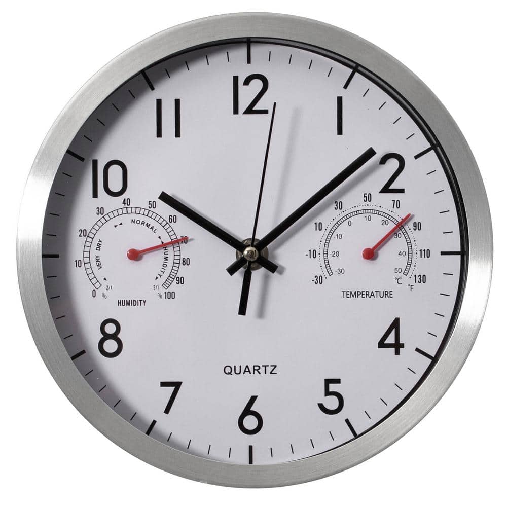 CLOCKWISE 8 in. Non-Ticking Silver Wall Clock with Thermometer ...