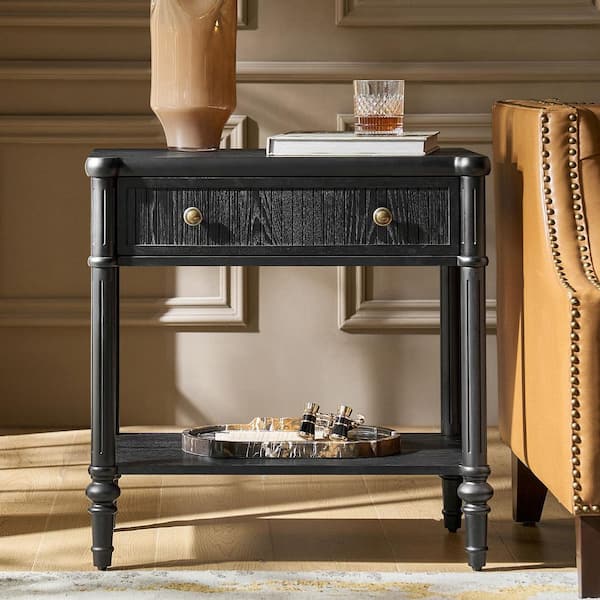 JAYDEN CREATION Ernest 26 in. Black 1-Drawer Square Wood End Table with ...