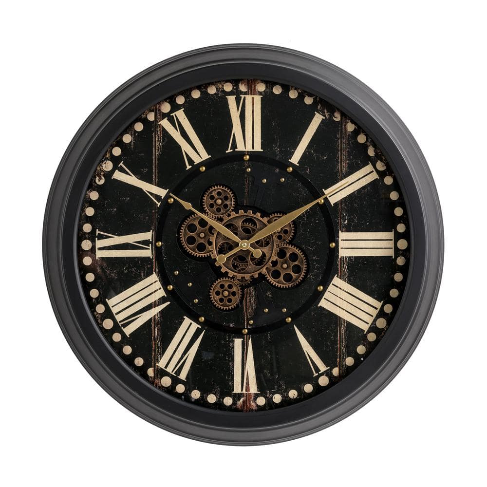 Glitzhome 27.50 in. D Oversized Vintage Round Black Gear Clock with ...