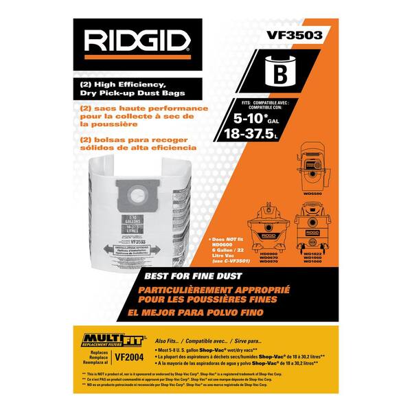 RIDGID VF3503C High-Eff. Size B Dust Collection Bags For 5-8 Gal. Shop ...