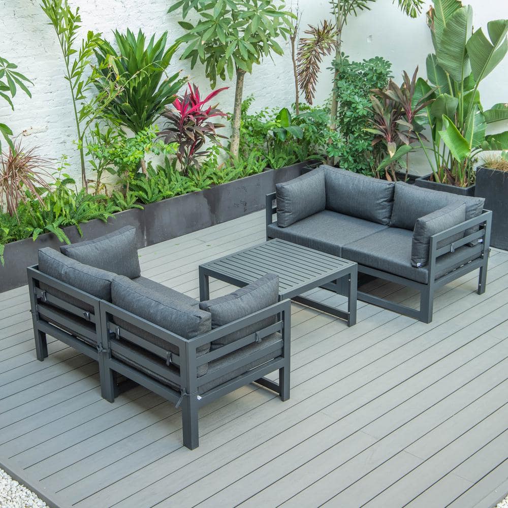 Leisuremod Chelsea Black 5-Piece Aluminum Patio Conversation Set with ...