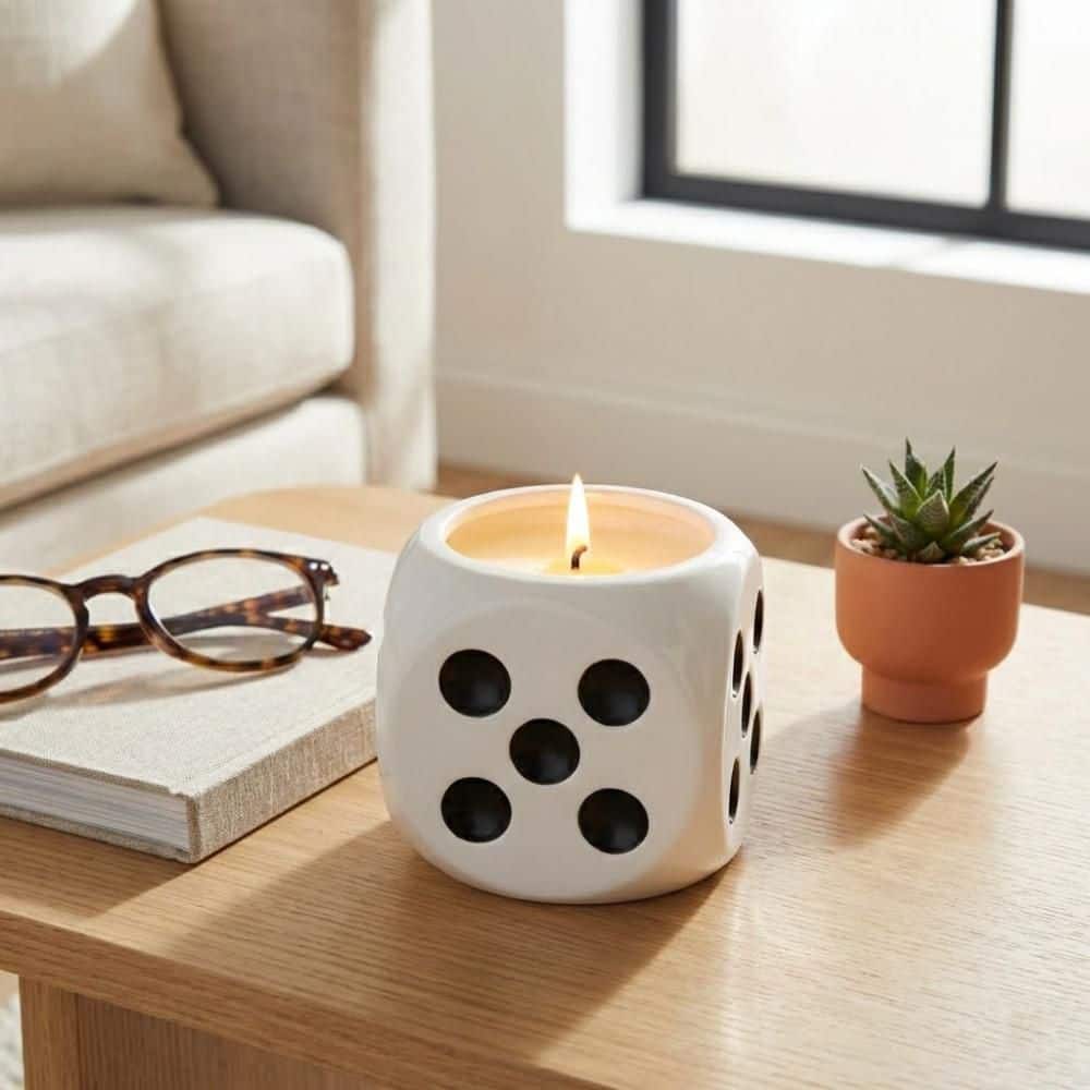 Liv & Skye 5 in. White and Black Ceramic Tobacco Dice Candle 13 oz ...