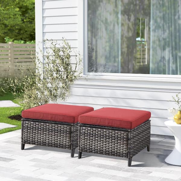 Opohoro Gray Wicker Outdoor Ottoman All Weather Patio Ottomans Set of 2 PE Wicker Steel Frame with Red Cushions 2 Pack TGX016 5 The Home Depot