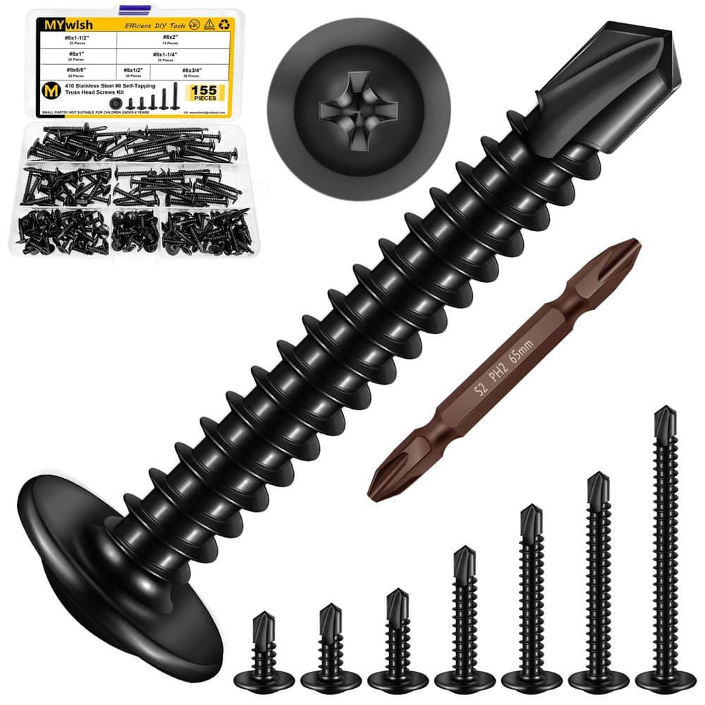 MYWISH 155-Piece Black #8 Stainless Steel Self-Drilling Sheet Metal ...