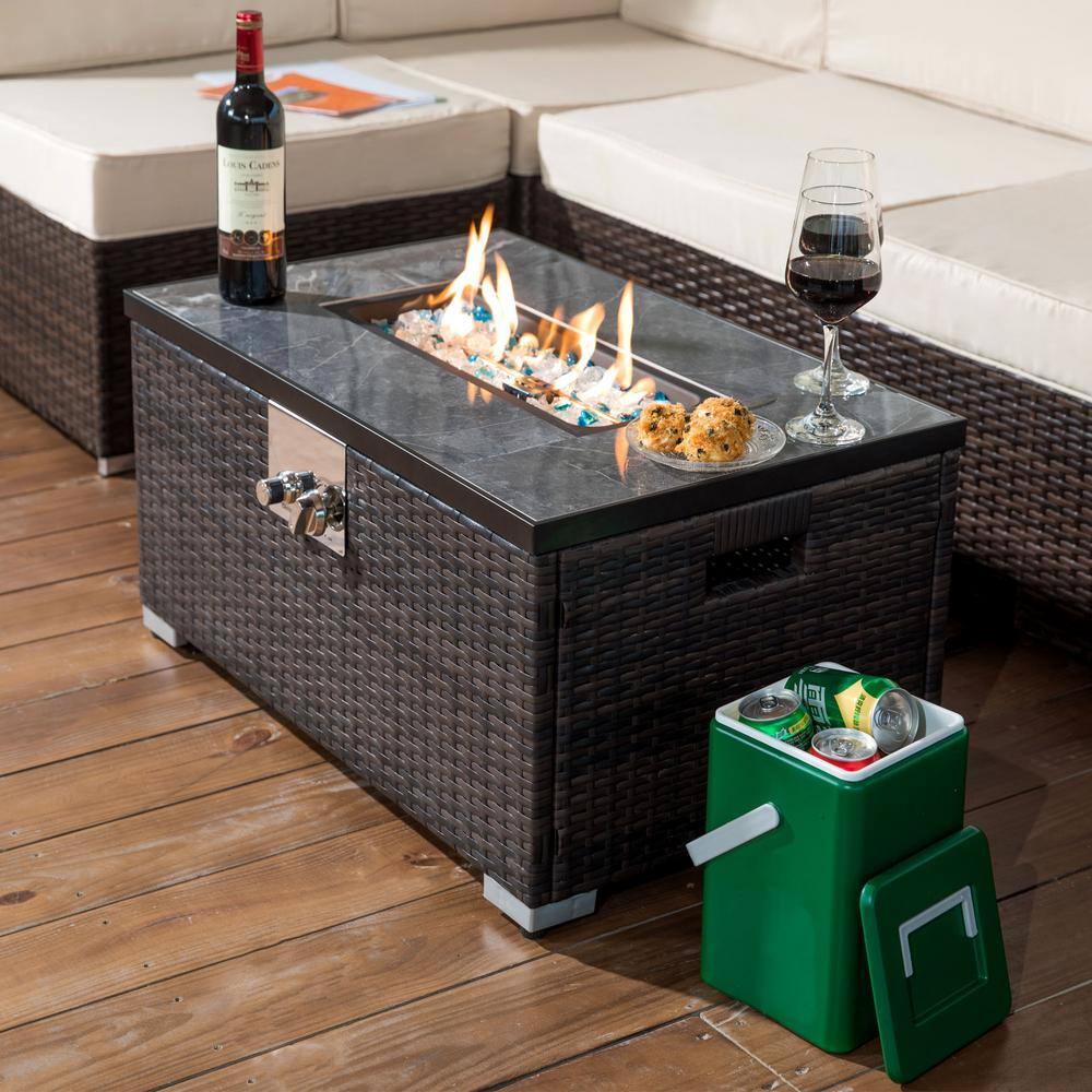 ToolCat 32 in. 40,000-BTU Rectangular Wicker Outdoor Patio Fire Pit Table in Brown NGG-25-GFP ...