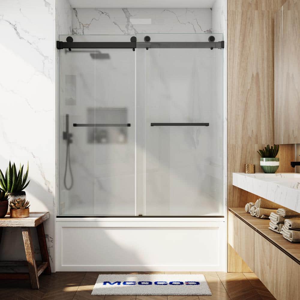 MCOCOD 56-61 in. W x 66 in. H Double Sliding Frameless Smooth Sliding Tub Door in Matte Black ...