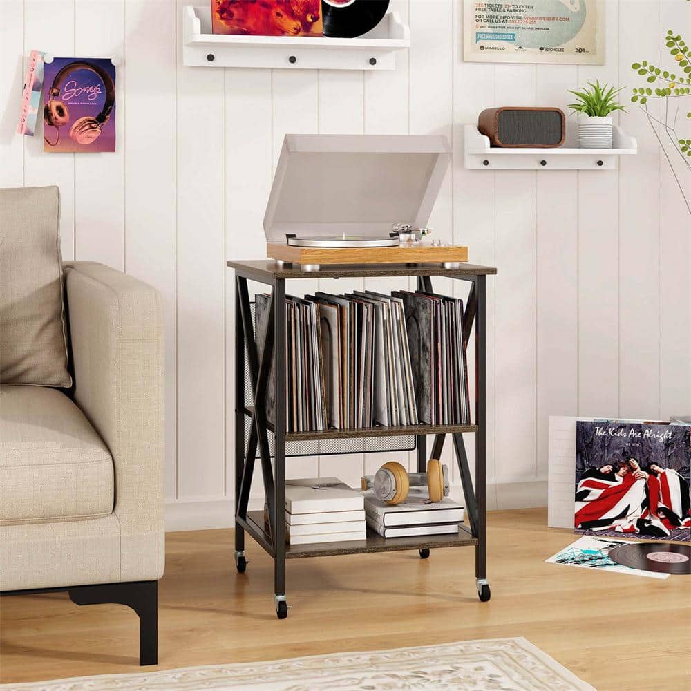 Costway Grey Record Player Stand Vinyl Record Storage Table Holds Up to ...