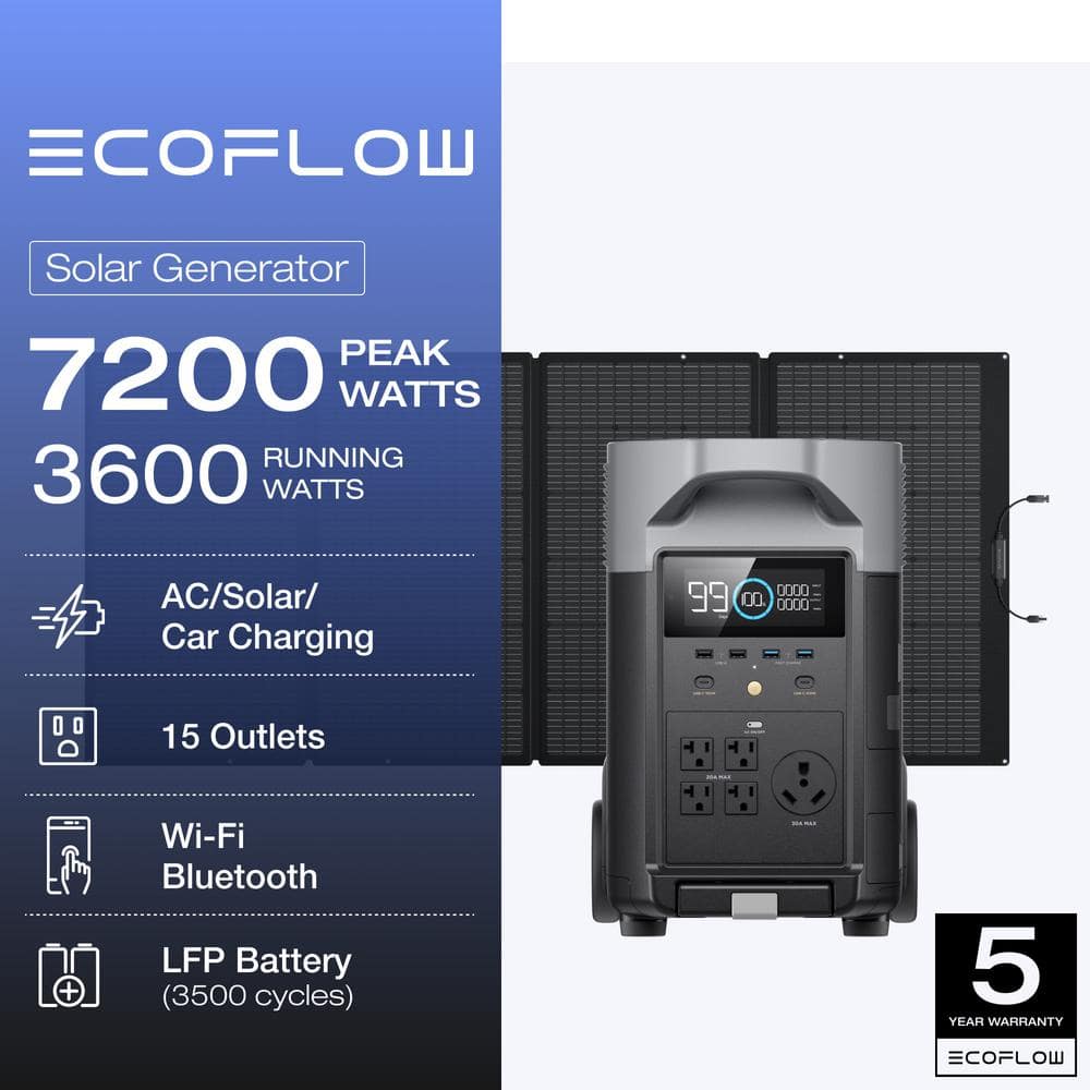 EcoFlow 3600W Output/7200W Peak Push-Button Start Solar Generator DELTA ...