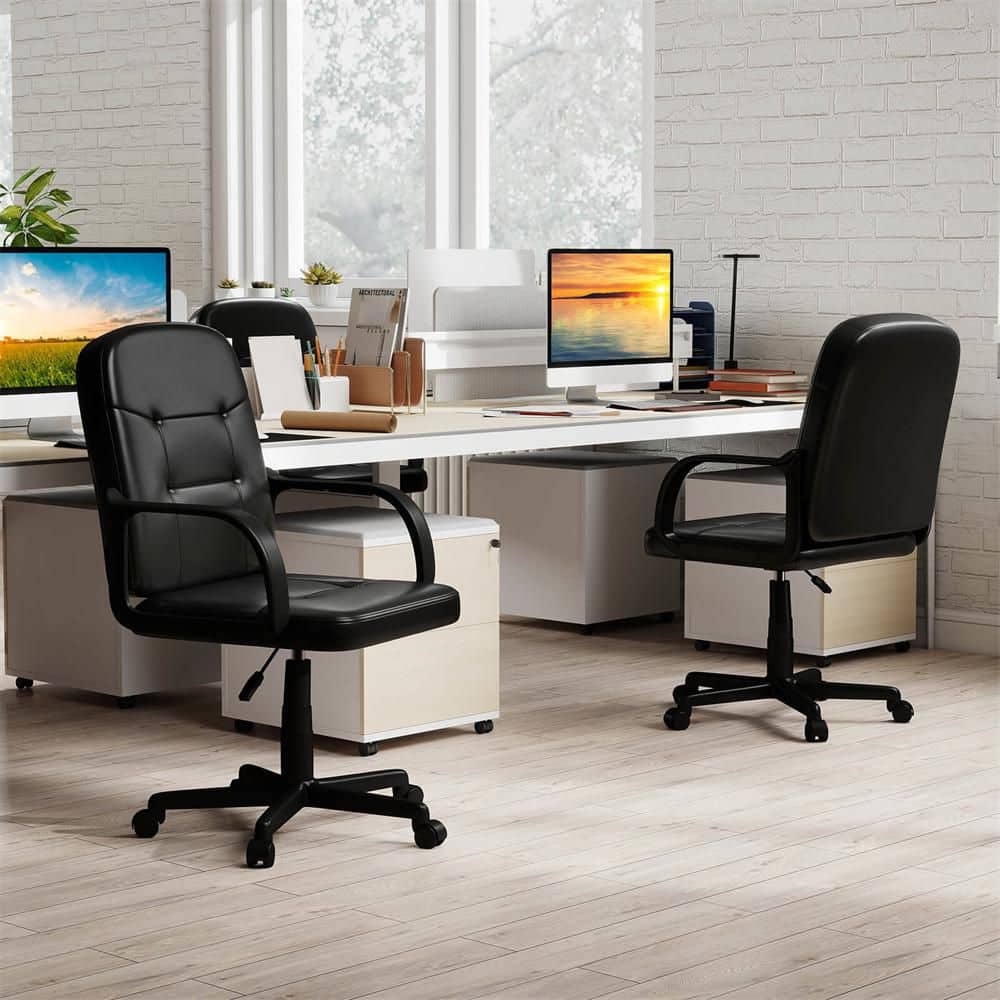 Costway Black PVC Mid-Back Executive Office Chair with Arms Adjustable ...
