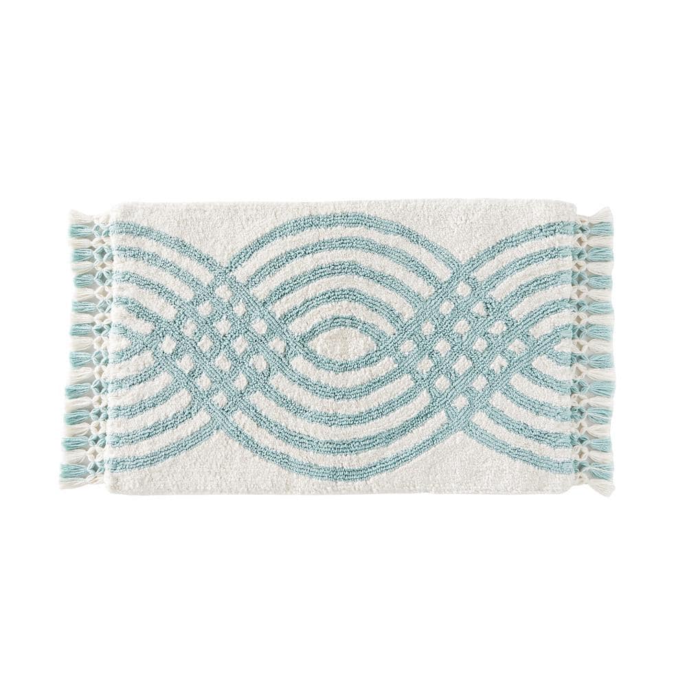 Aqua 20 in. x 30 in. Cotton Fringed Waves Bath Rug U2308700850007