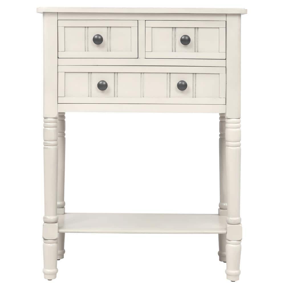 Qualler 24 in. Rectangle Ivory White Wood Console Table with 3-Storage ...