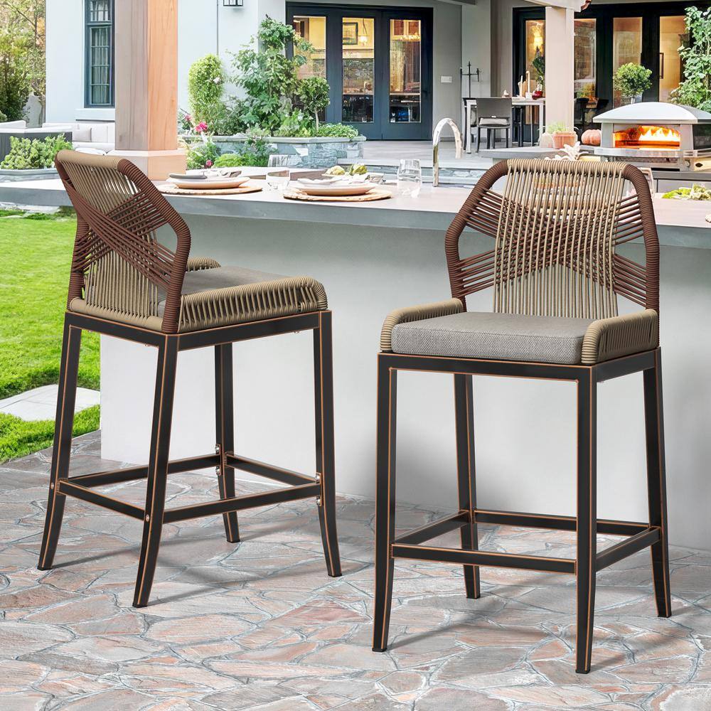 cozyman Shanks Rattan Aluminum Frame Black Modern Boho Counter Height Outdoor Bar Stool with Woven Rope Back Set of 2 XKS BLACK 1 The Home Depot
