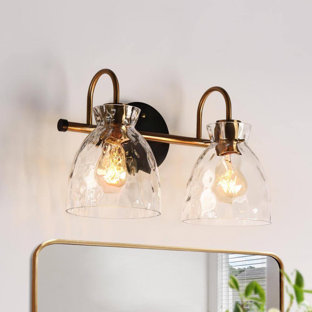 Uolfin 14.6 in. 2-Light Black and Brass Bell Bathroom Vanity Light with ...