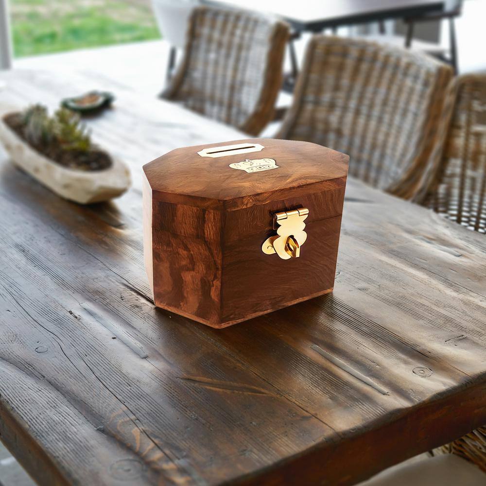 Vintiquewise Wooden Decorative Coin Bank Money Saving Box Secured with ...