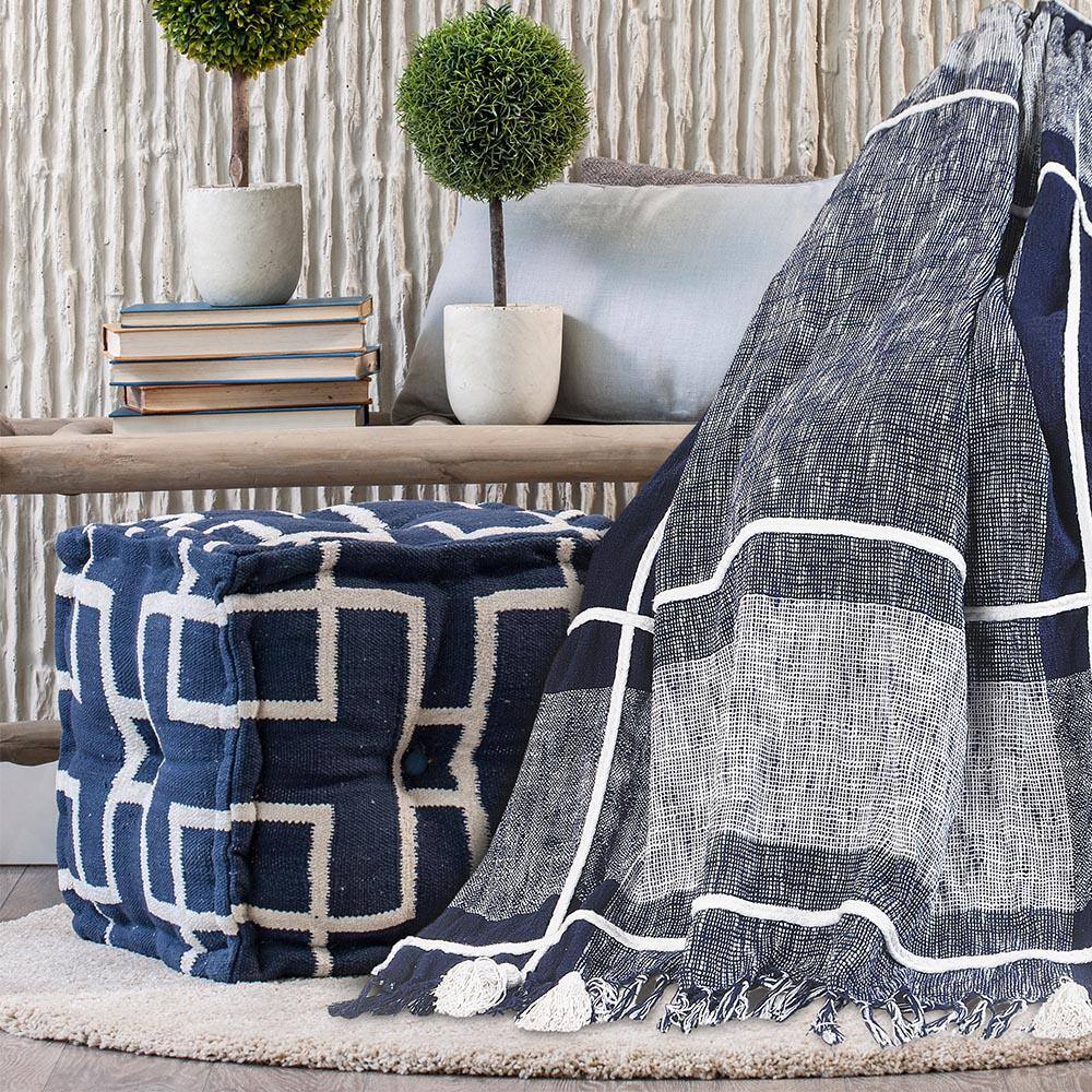 LR Home Gemma Modern Checks Blue / White Organic Cotton Throw Blanket ...
