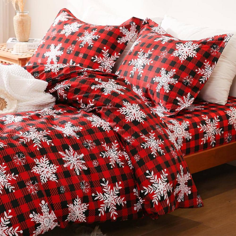 Afoxsos 3-Piece Red Buffalo Plaid Snowflakes Polyester King Duvet Cover ...