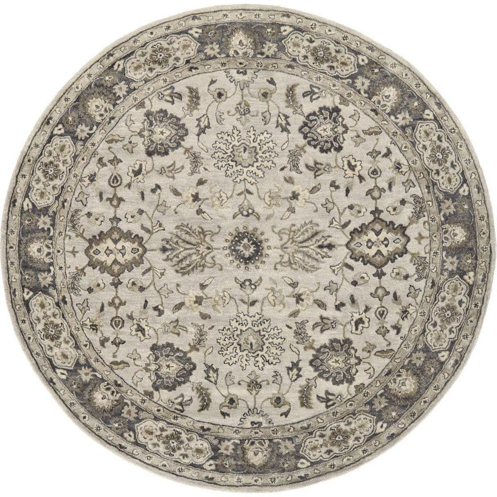 HomeRoots 8 ft. Round Gray, Ivory Floral Area Rug 2000511277 - The Home ...