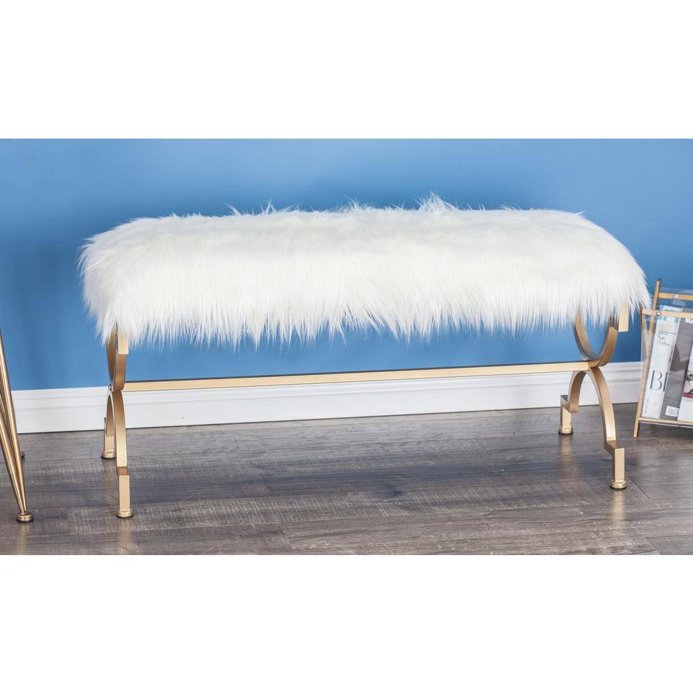 Litton Lane Gold Bench with White Faux Fur Top 20 in. X 42 in. X 17 in ...