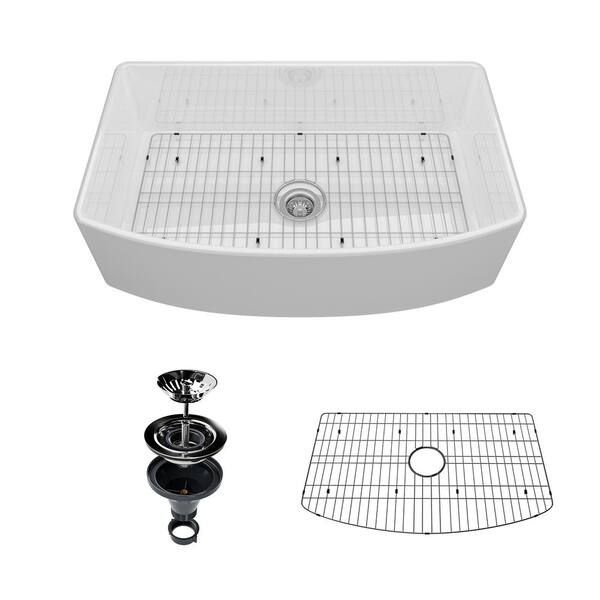 VANITYFUS 33 in. Undermount Farmhouse Single Bowl White Fine Fireclay ...