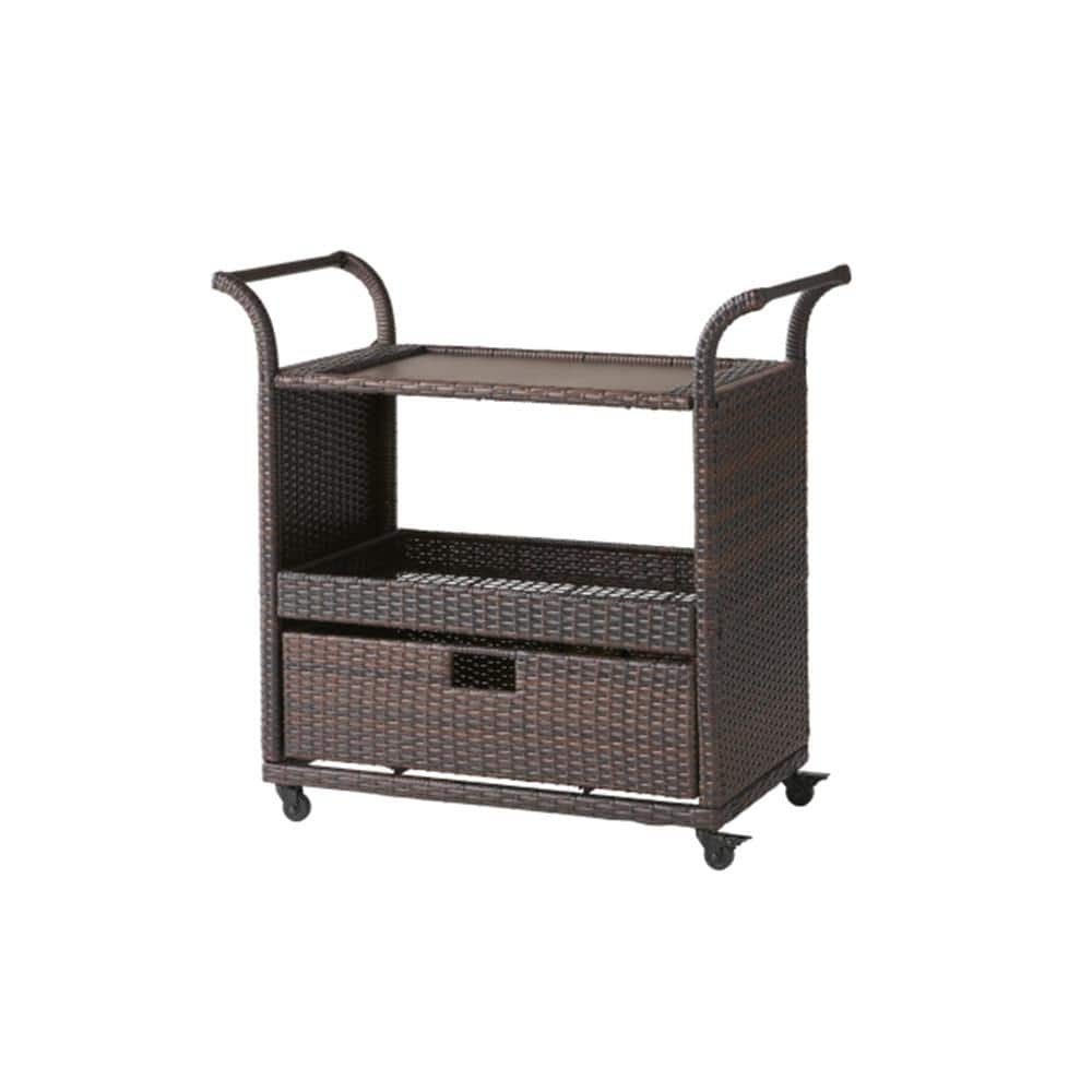 ITOPFOX Outdoor Patio Bar Polyethylene Rattan Serving Cart with Wheels ...