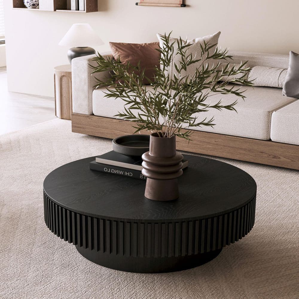 Noble House Leigh 39.37 in. Black Round MDF Wood Coffee Table with ...