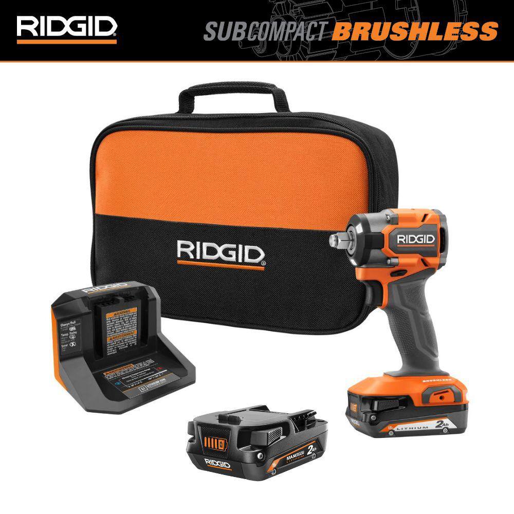 RIDGID 18V SubCompact Brushless 1/2 in. Impact Wrench Kit w/ (2) 2.0 Ah ...