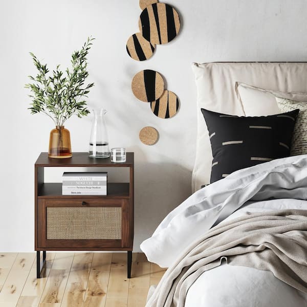 Nathan James Mina Walnut Side Table Boho Nightstand or Rattan End Table with Storage 22 in W Nightstand with Matte Black Legs 33205 The Home Depot