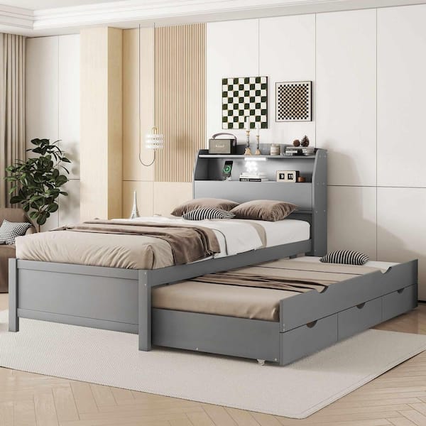 Polibi Gray Wood Frame Twin Platform Bed with Trundle, Storage ...