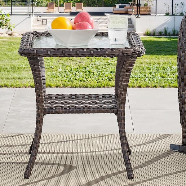 Opohoro PlainCurve Brown Square Wicker Outdoor Side Table with Tempered ...