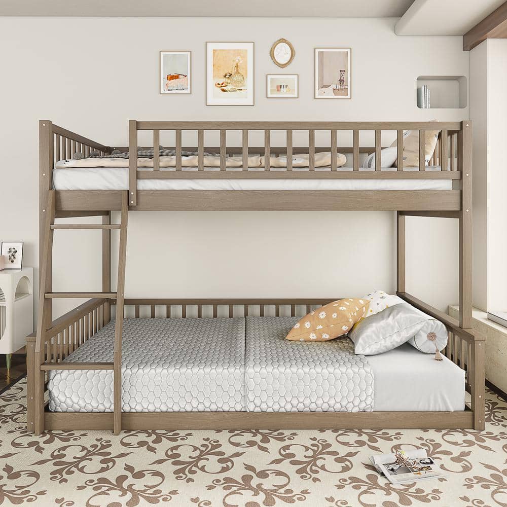 Qualler Walnut Full XL Over Queen Bunk Bed with Guardrails and Ladder ...