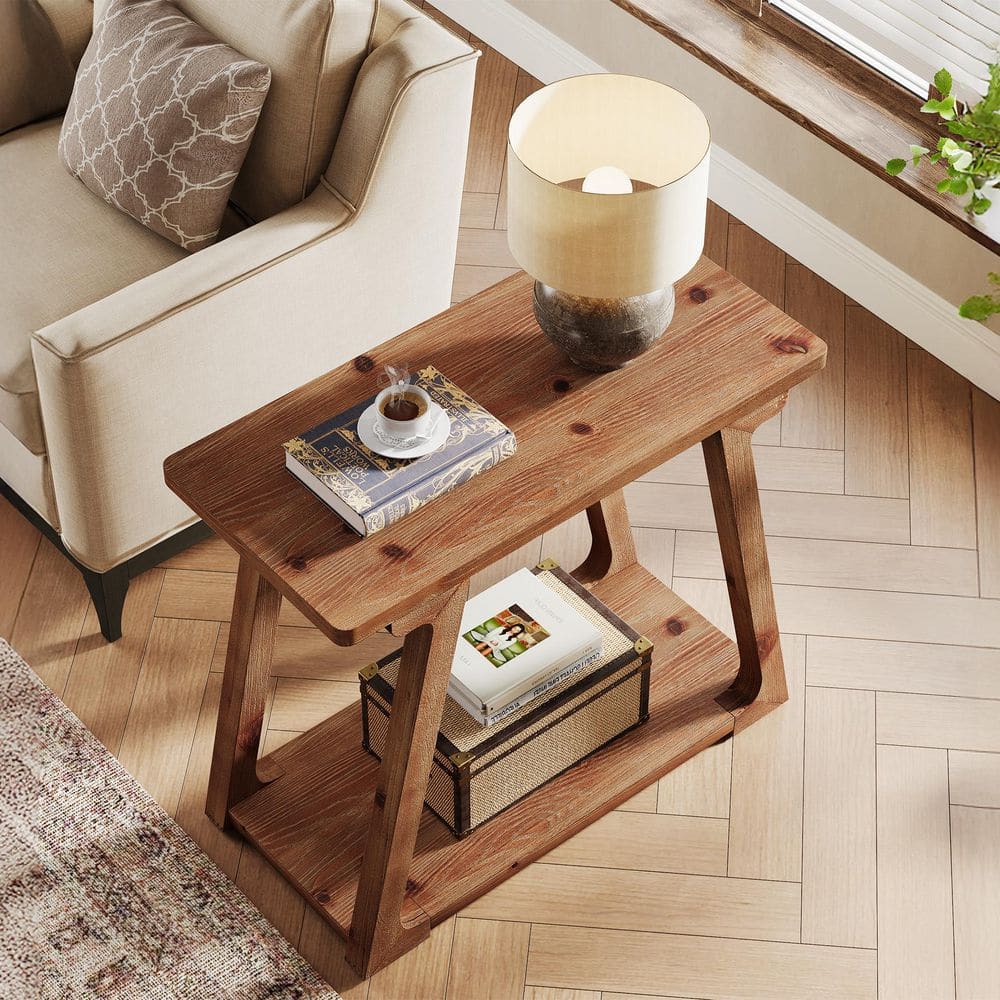 BYBLIGHT Kerlin 27.6 in. Brown Rectangle Solid Wood Side Table Set of 2 ...