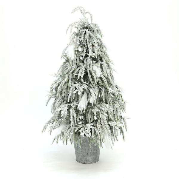 LuxenHome 4 ft. Unlit Artificial Christmas Tree Potted with White Snow ...