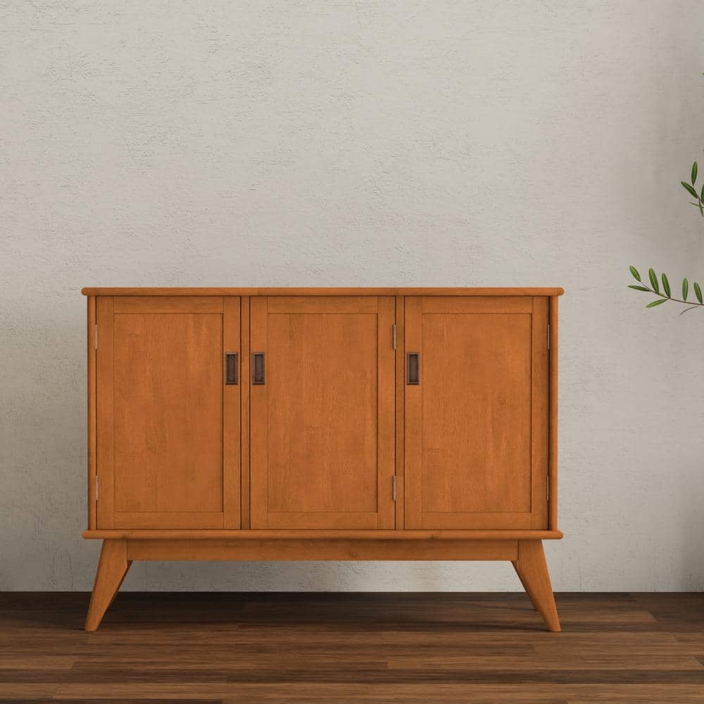 Simpli Home Draper Solid Hardwood and Rubberwood 50 inch x 17 inch Rectangle Mid Century Modern 3 Door Sideboard Buffet in Teak Brown