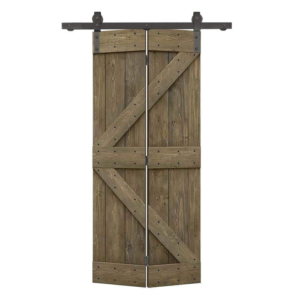 CALHOME 30 in. x 84 in. K Series Solid Core Aged Barrel Stained DIY Wood Bi-Fold Barn Door with ...