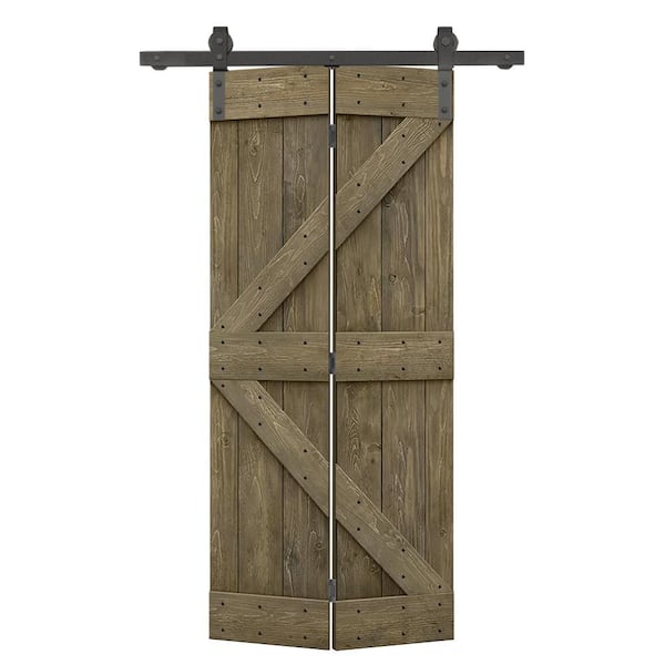 CALHOME 34 in. x 84 in. K Series Aged Barrel Stained DIY Wood Bi-Fold Barn Door with Sliding ...